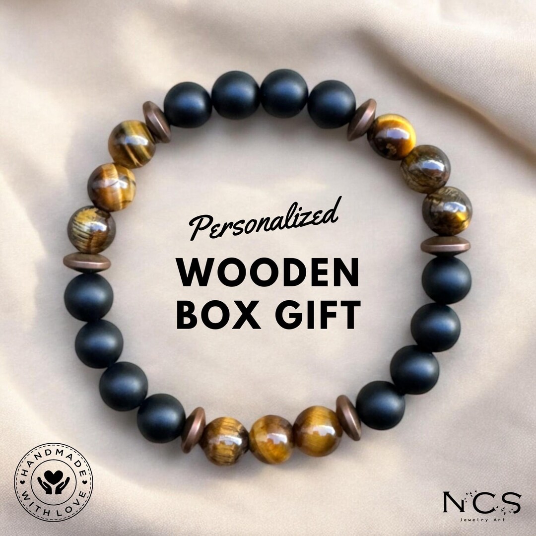 Personalized Black Onyx and Tiger Eye Gemstone Men's Bracelet in Custom ...