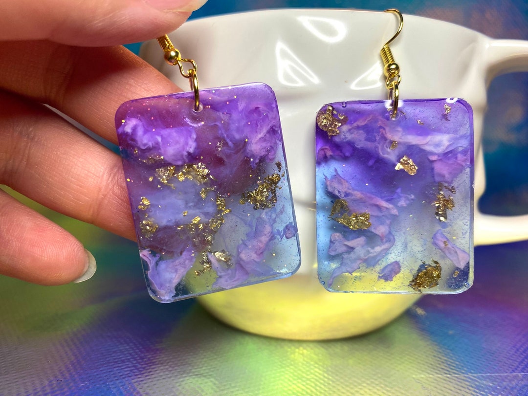 Dreamy Night Sky Earrings Galaxy Stars Rectangular Shaped With Gold ...
