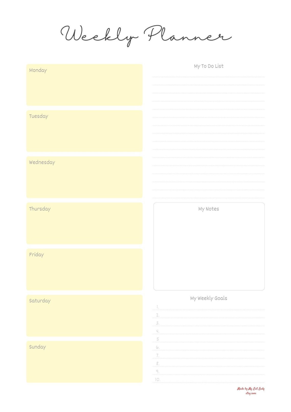 Minimalist Weekly Schedule, to Do List, Week at A Glance, Printable ...