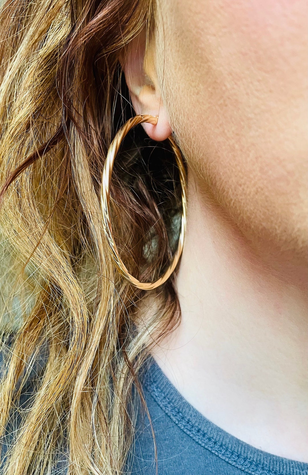 9ct Gold 45mm Twist Hoop Earrings, Solid 9ct Gold Extra Large 55mm and ...