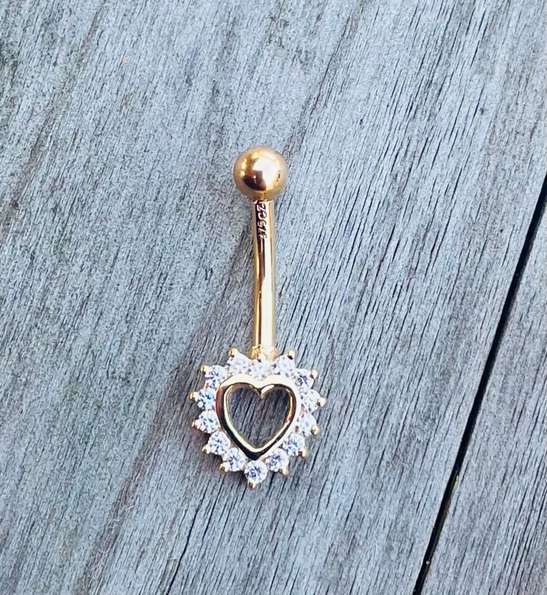 9ct Gold Belly Bar With Heart Crystal, 9ct White Gold Belly Bar With ...