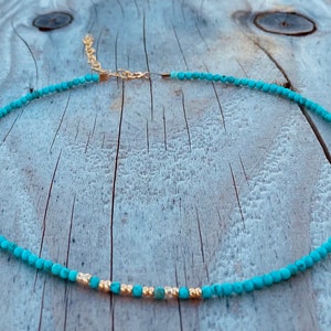 Turquoise With 14K Gold Choker Necklace Tiny Turquoise Gemstone Beads Choker Etsy