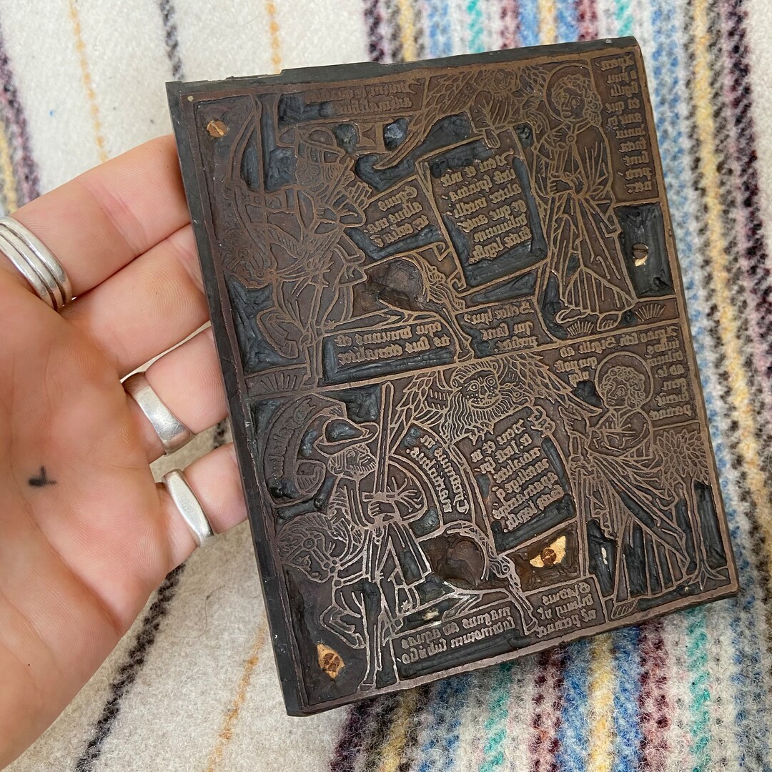 VERY RARE Antique Carved Wooden and Bronze Printing Block German ...