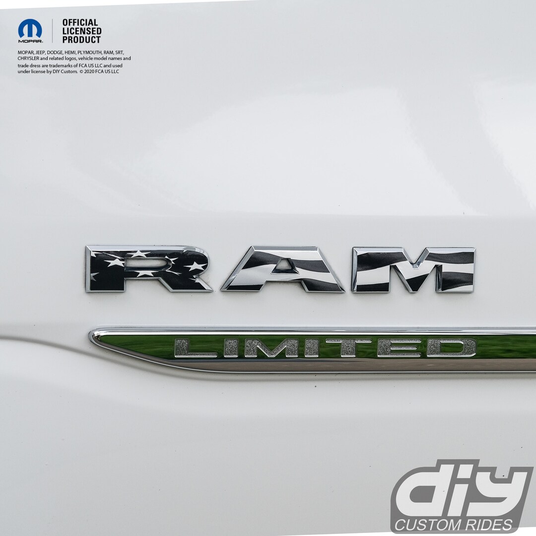 RAM Door X2 Emblem Overlay Decals L&R GRAYSCALE American Flag Fits 2019 ...