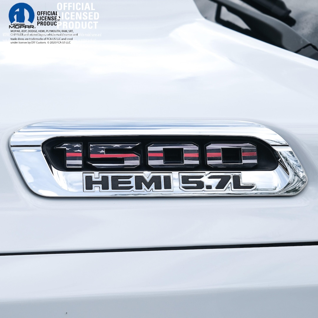 RAM 1500 Hood Emblem Overlay Decals L&R THIN Red Line Flag Fits 2019 ...