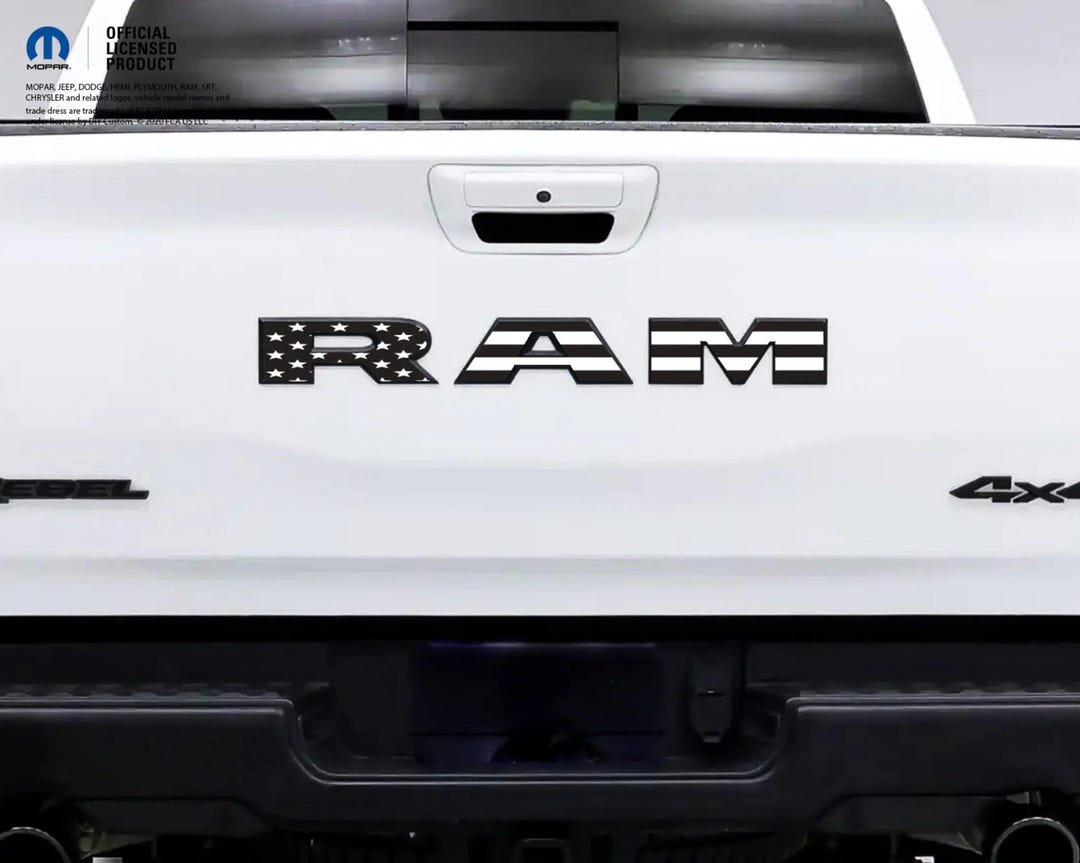 1500 RAM Tailgate Emblem Overlay Decals Black & White American Flag ...