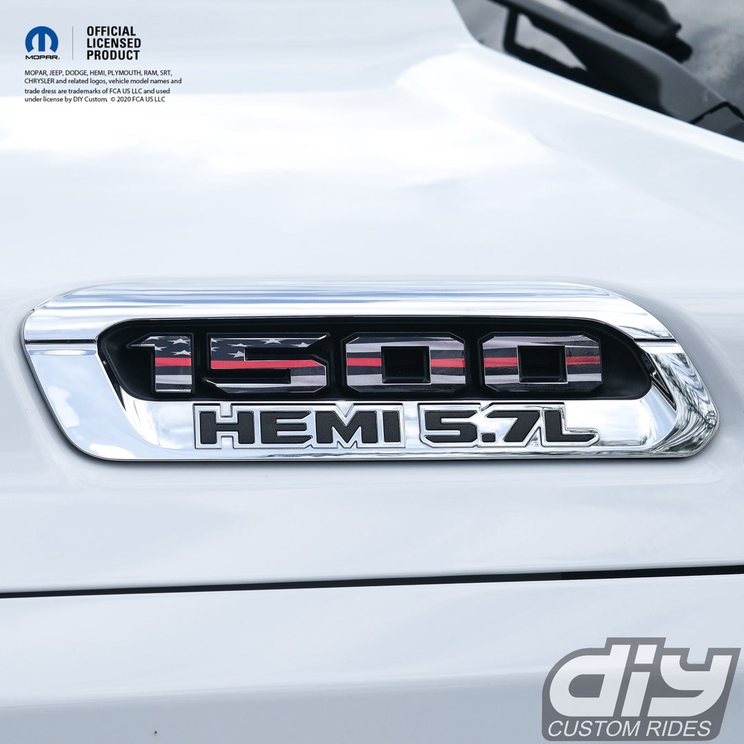 RAM 1500 Hood Emblem Overlay Decals L&R THIN Red Line Flag Fits 2019 ...