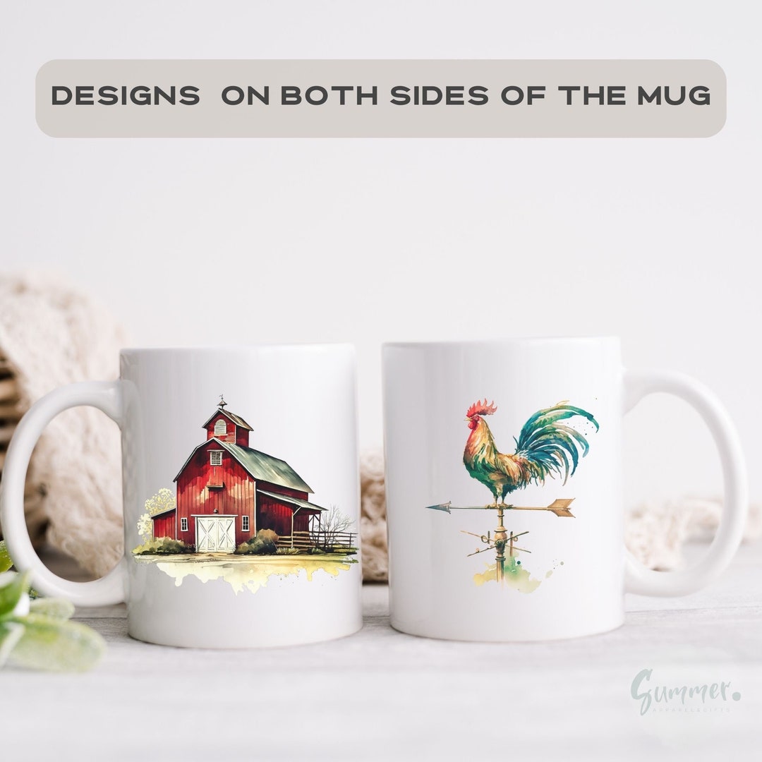 Red Barn Rooster Watercolor Coffee Cup Glossy White Ceramic Mug 11oz ...