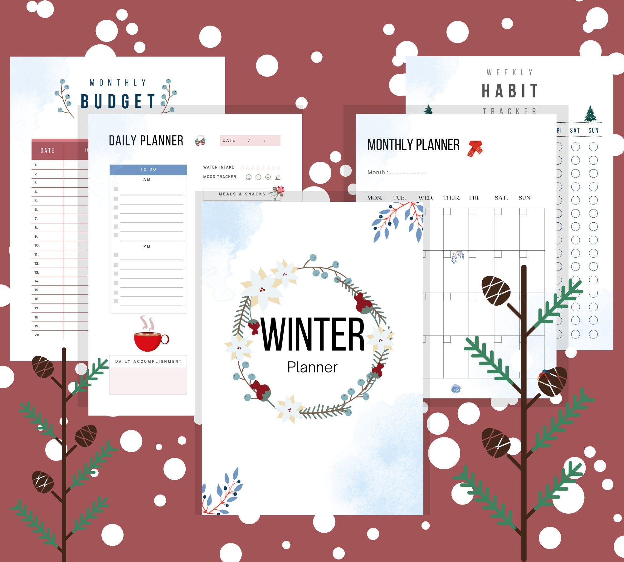 Printable Winter Monthly Planner, Winter Weekly Planner Sheets. Inserts ...