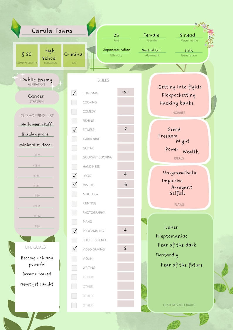Printable Sims Character Sheet. Unfold Your Character and Their ...