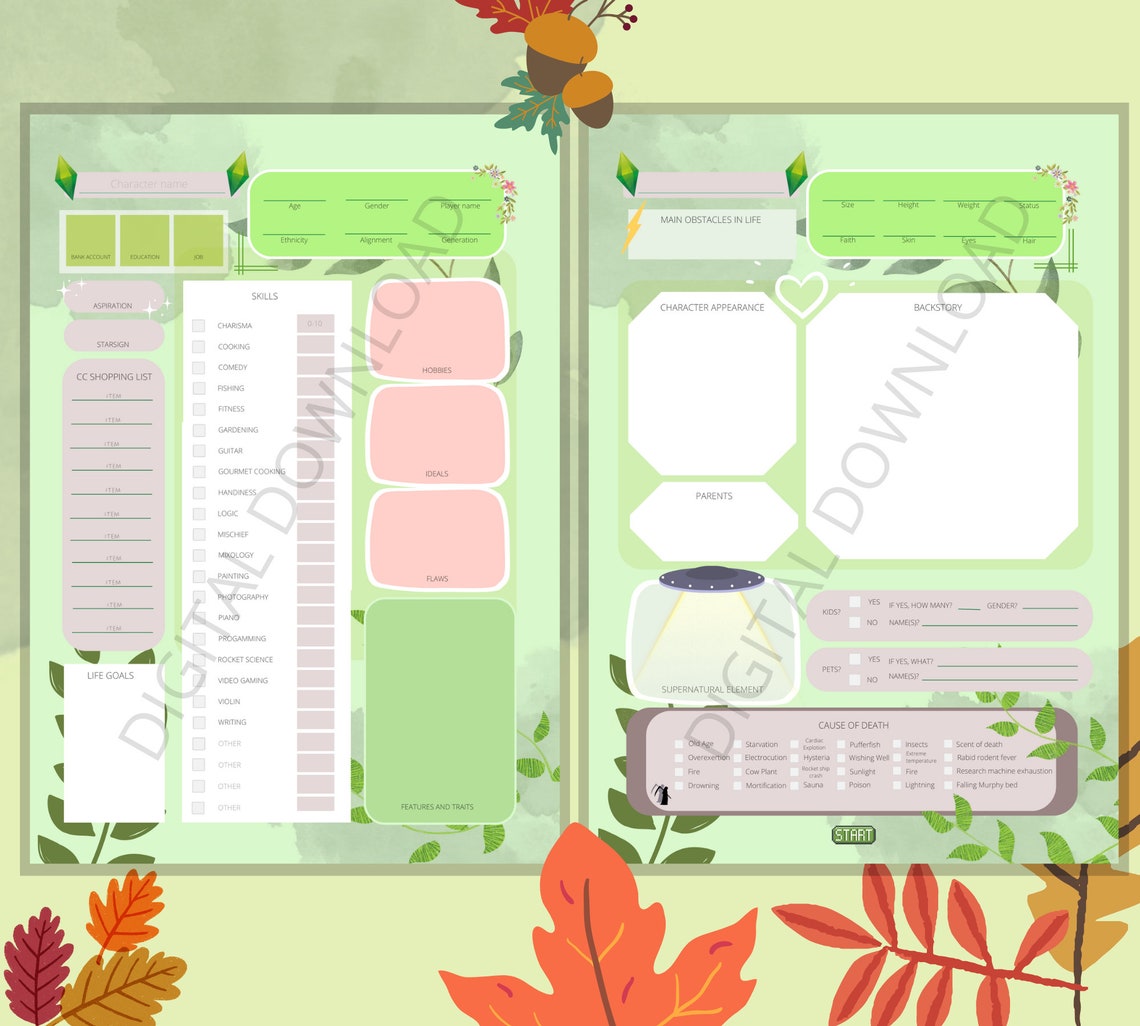 Printable Sims Character Sheet. Unfold Your Character and - Etsy