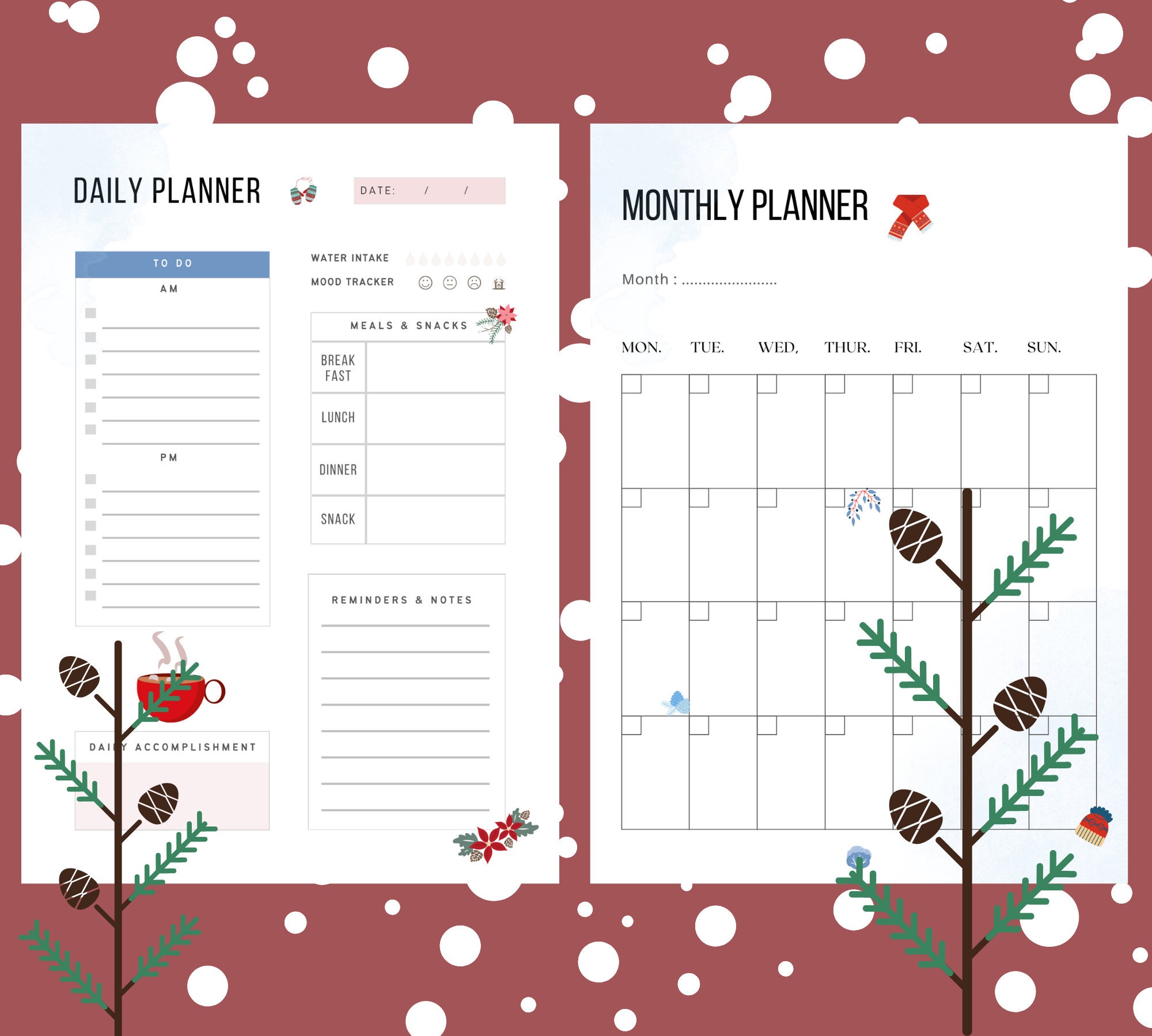 Printable Winter Monthly Planner, Winter Weekly Planner Sheets. Inserts ...
