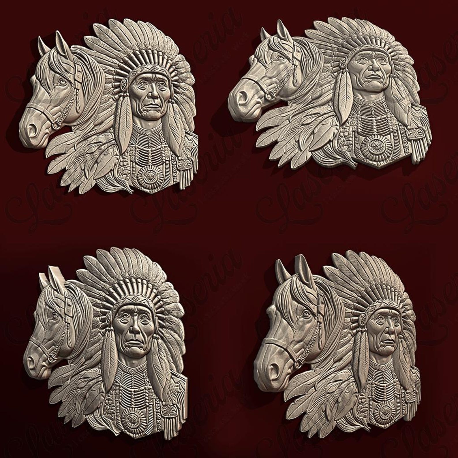 3D STL Design | Native American Chief and Horse Bas-relief | CNC ...