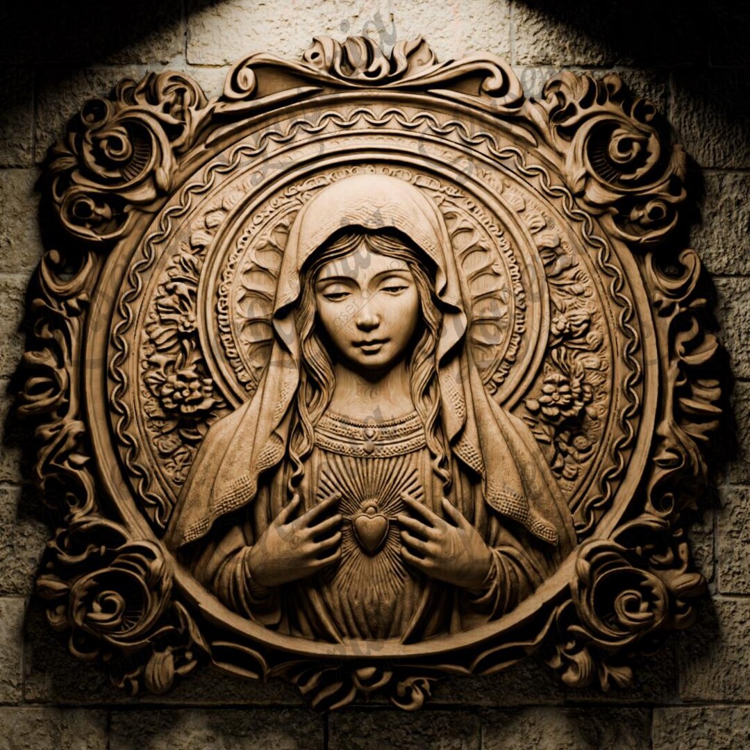 3D STL Design | Sacred Heart of Mary Bas-relief | CNC Routers | 3D ...