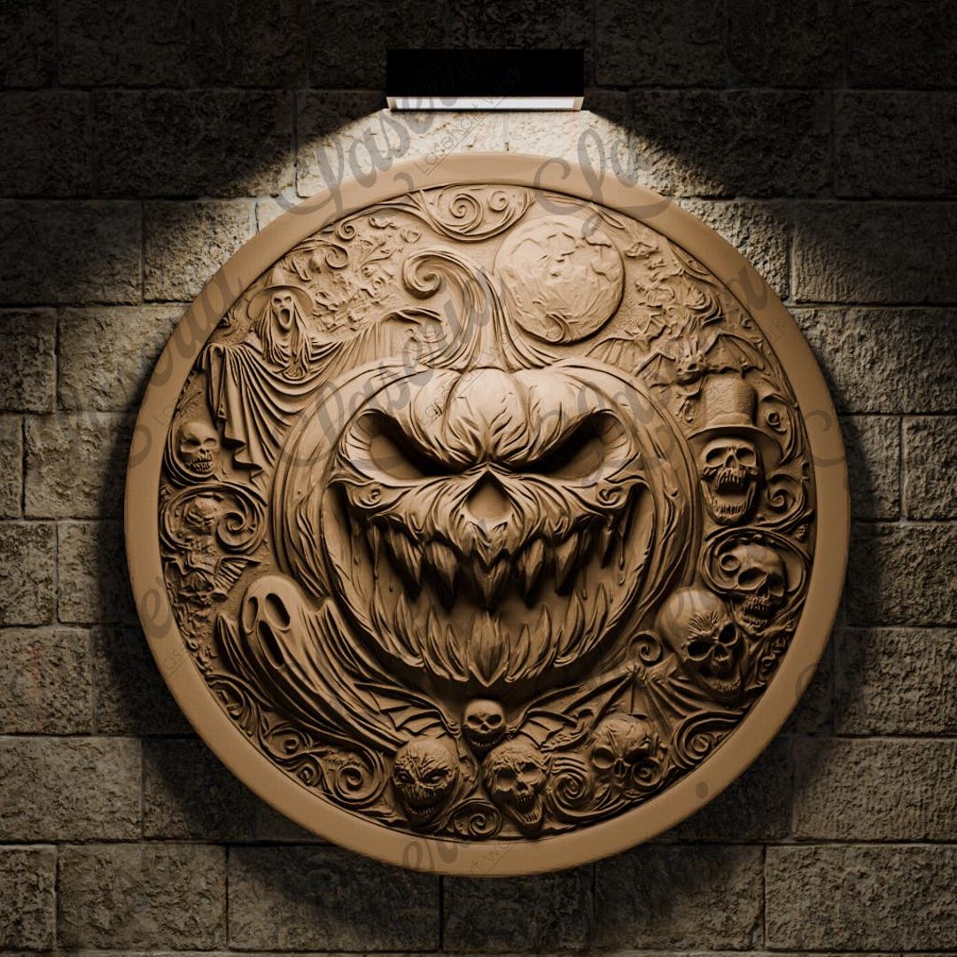 3D STL Design Scary Pumpkin Halloween Relief for CNC Routers and 3D ...