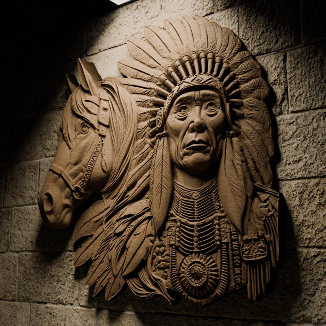 3D STL Design | Native American Chief and Horse Bas-relief | CNC ...