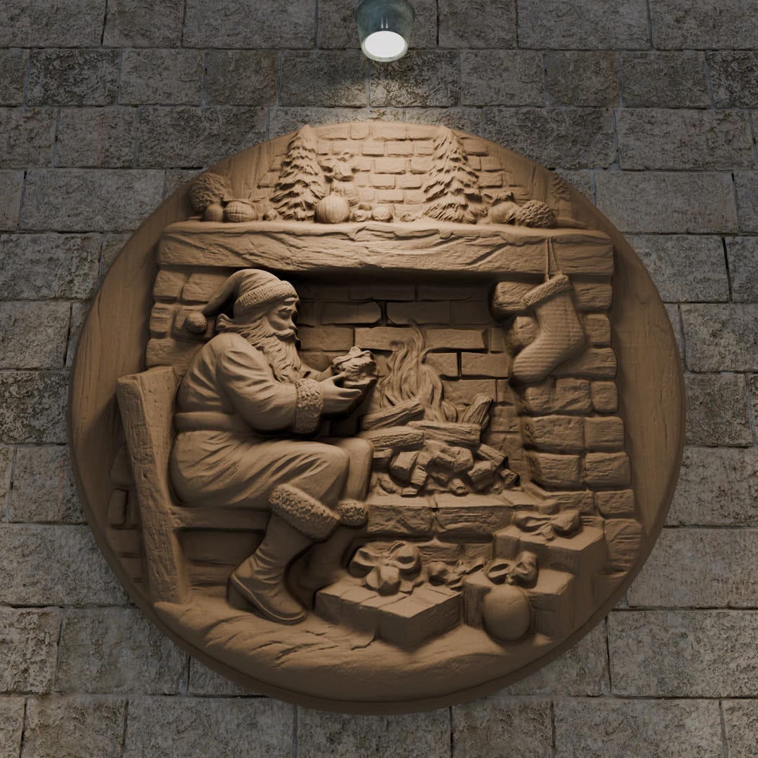 3D STL Design | Santa Claus by the Fireplace Bas-relief | CNC Routers ...
