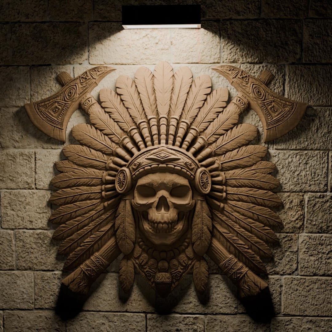 3d STL Design | Native American Warrior Skull With Headdress Bas-relief ...