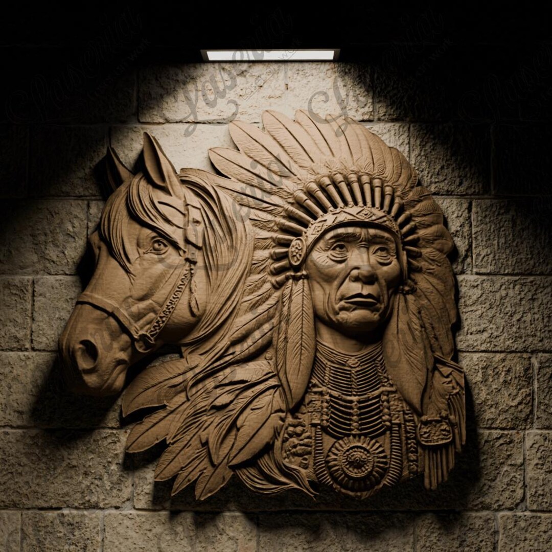 3D STL Design | Native American Chief and Horse Bas-relief | CNC ...