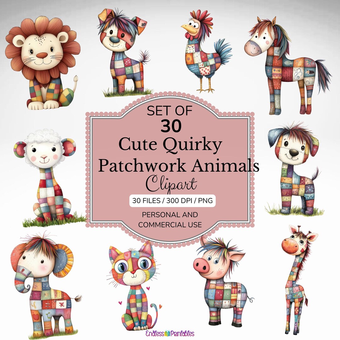 Quirky Patchwork Animals Clipart Bundle Whimsical Watercolor Cute ...
