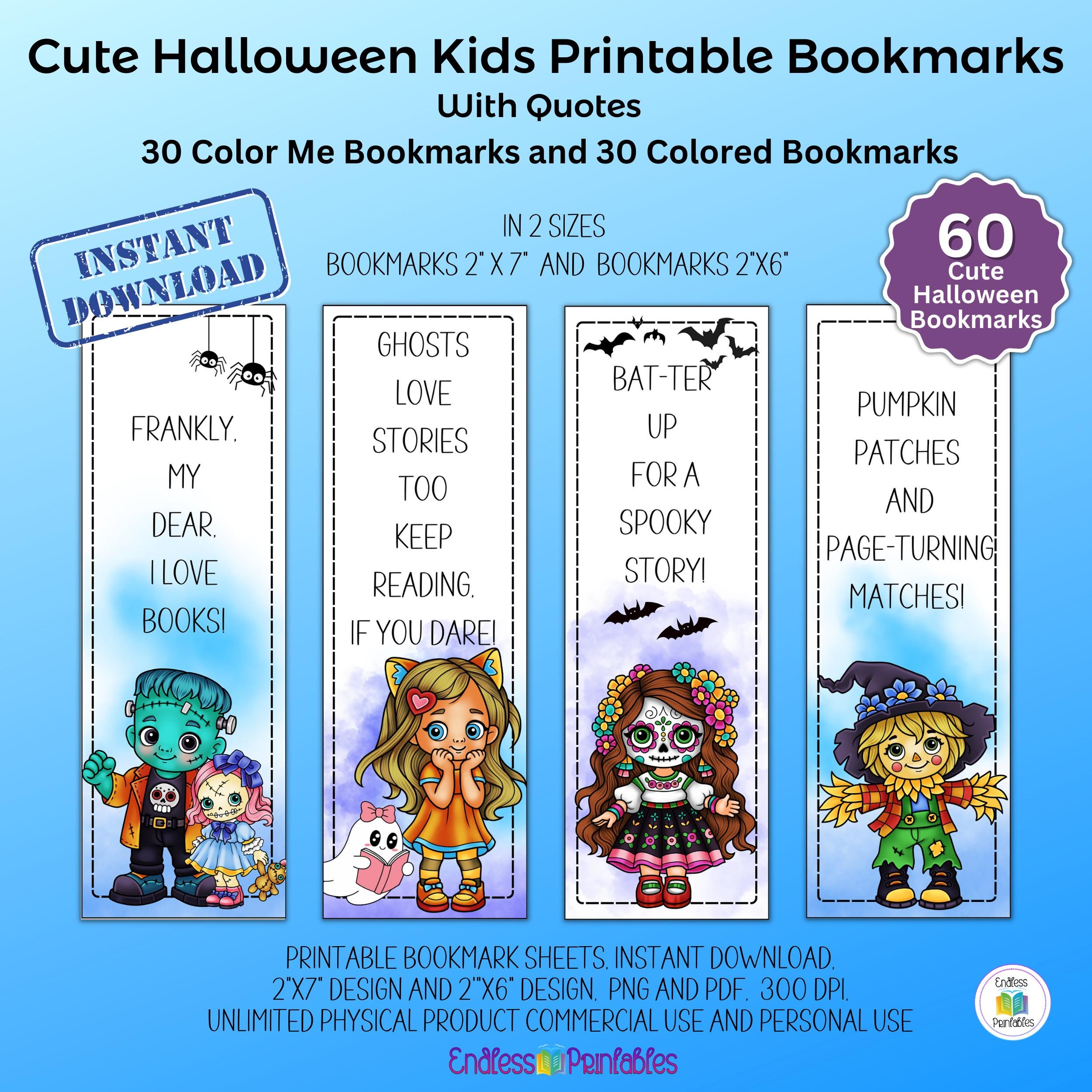 60 Halloween Printable Bookmarks for Kids, Color Your Own, Reading ...
