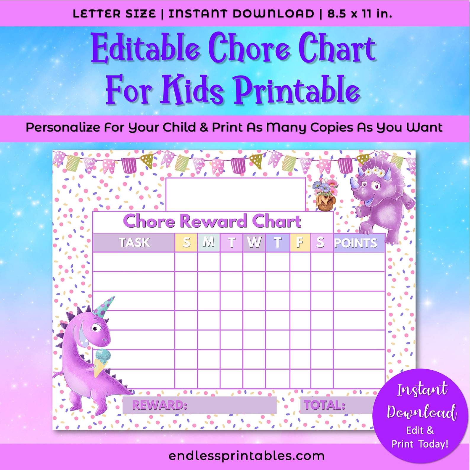 Editable Chore Chart for Kids | Dinosaur Chore Chart | Printable Kids ...