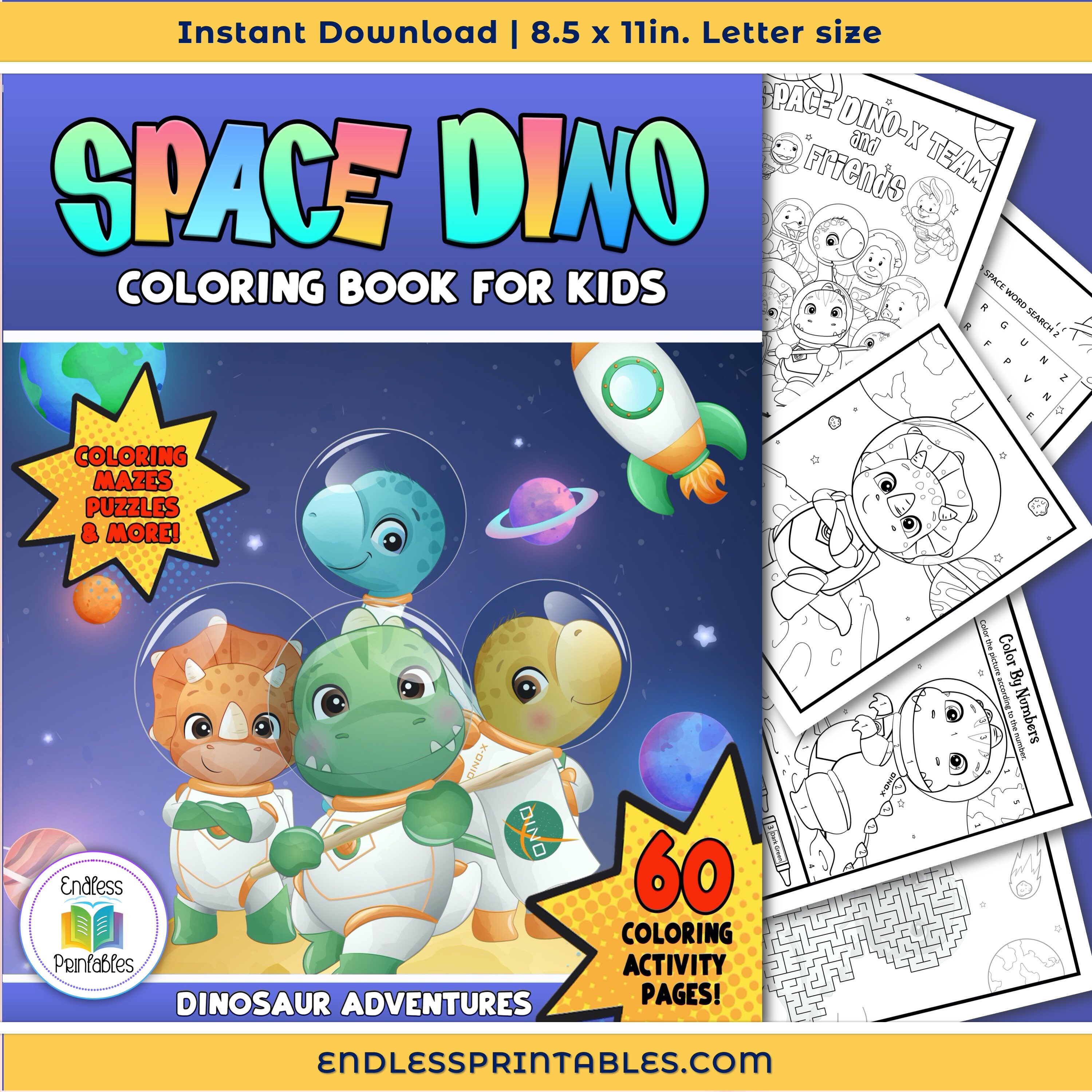 Space Dino Coloring Book - 60+ Printable Kids Activity Pages (digital ...