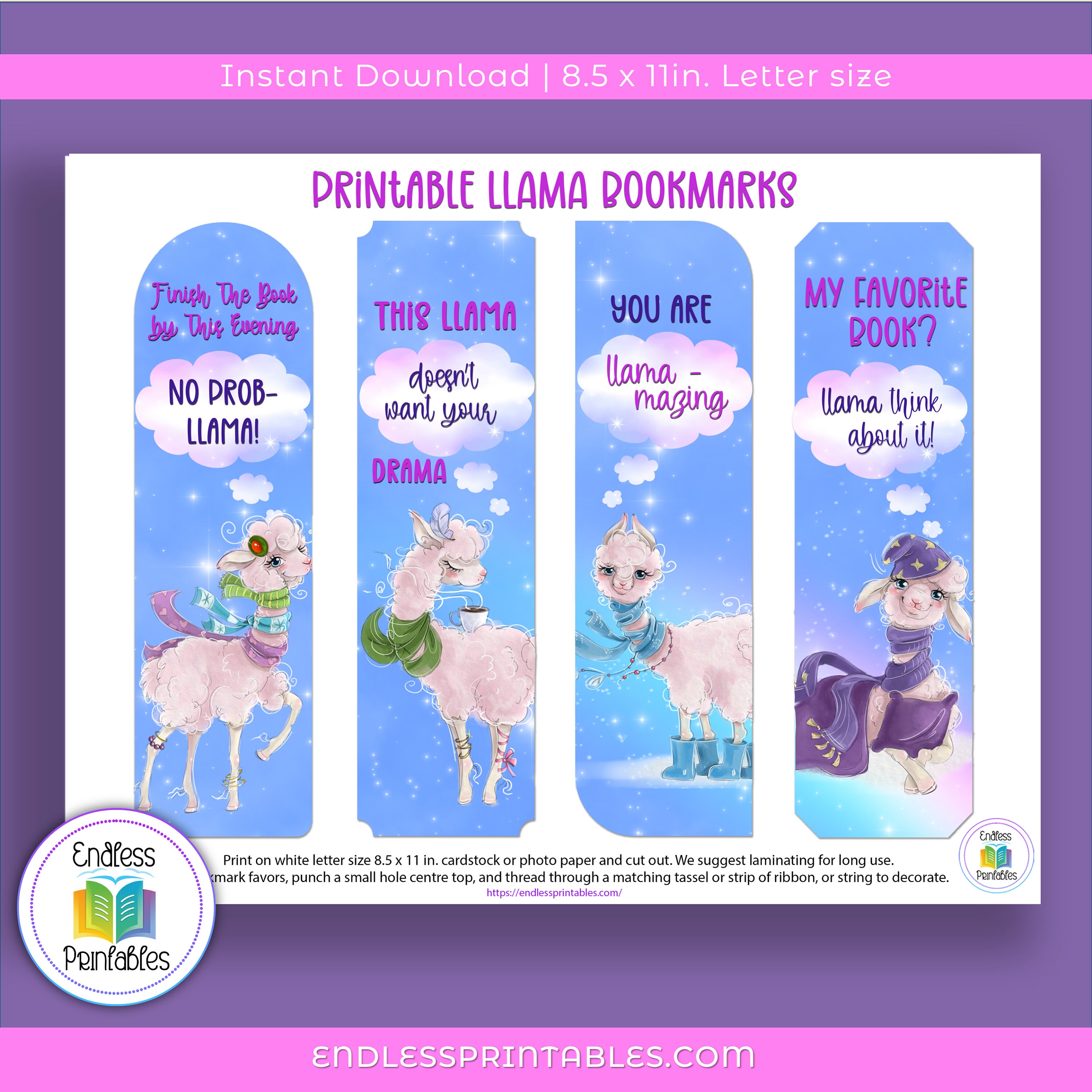 Llama Bookmarks Printable | Llama Bookmark Set | Book Lover Gift ...