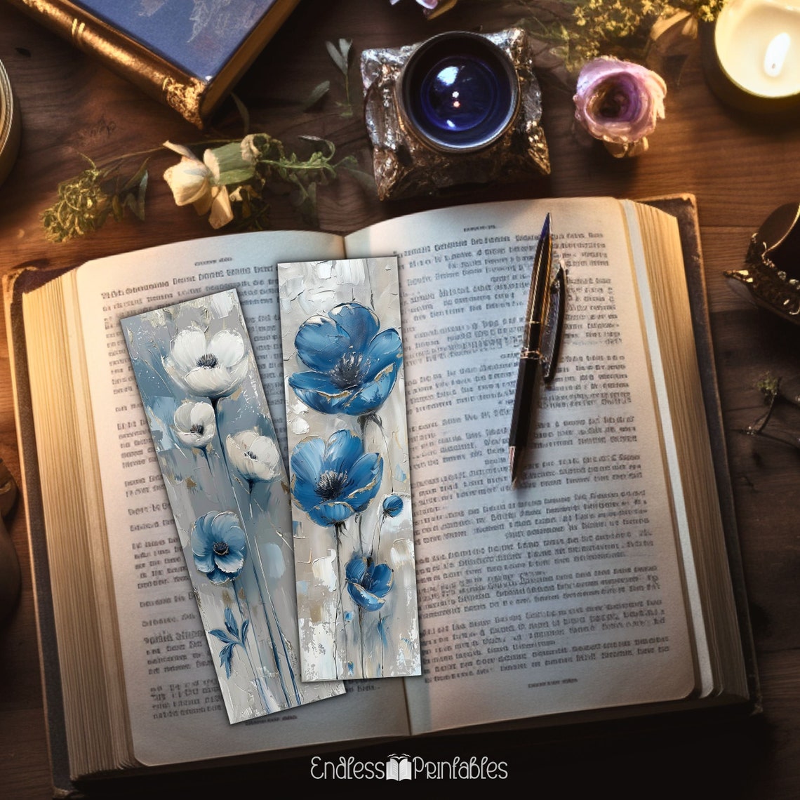 Blue Floral Bookmarks - Printable Flower Design Set (digital Download ...