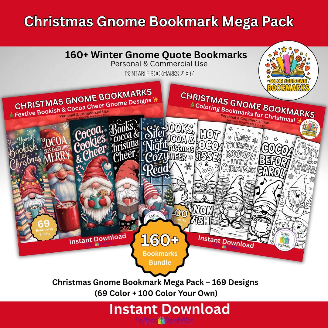 Christmas Gnome Bookmarks Mega Pack, Printable Color-your-own Set ...
