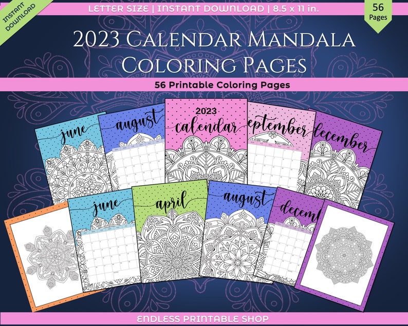 2023 Printable Calendar, Mandala Coloring, Monthly Calendar, Adult ...