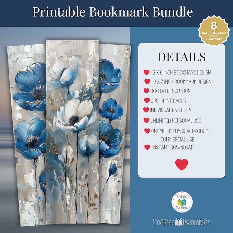 Blue Floral Bookmarks 8 Printable Flower Bookmarks Sublimation Design ...