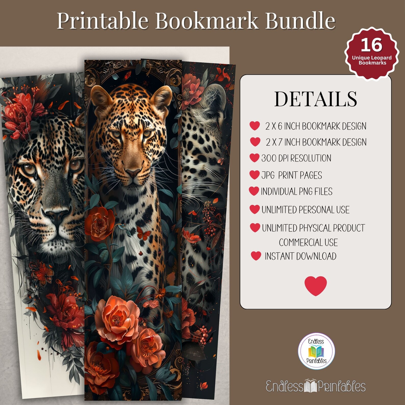 Leopard Floral Bookmark Printable Animal Bookmarks Bundle Sublimation ...
