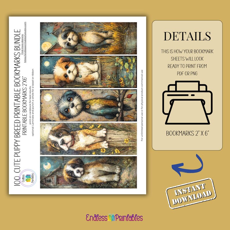 100 Cute Puppy Printable Bookmarks Dog Breeds PNG Bookmark Sublimation ...