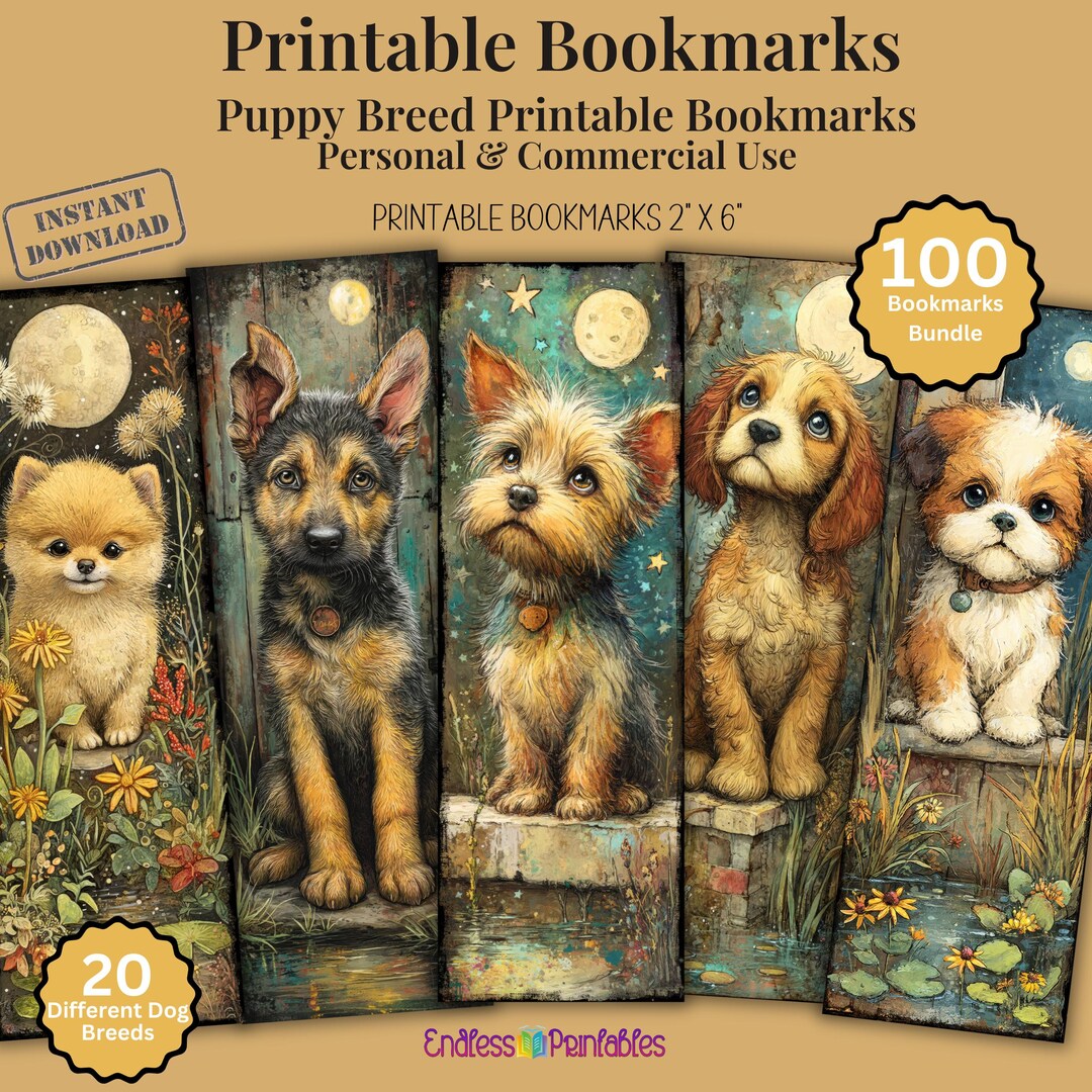 100 Cute Puppy Printable Bookmarks Dog Breeds PNG Bookmark Sublimation ...