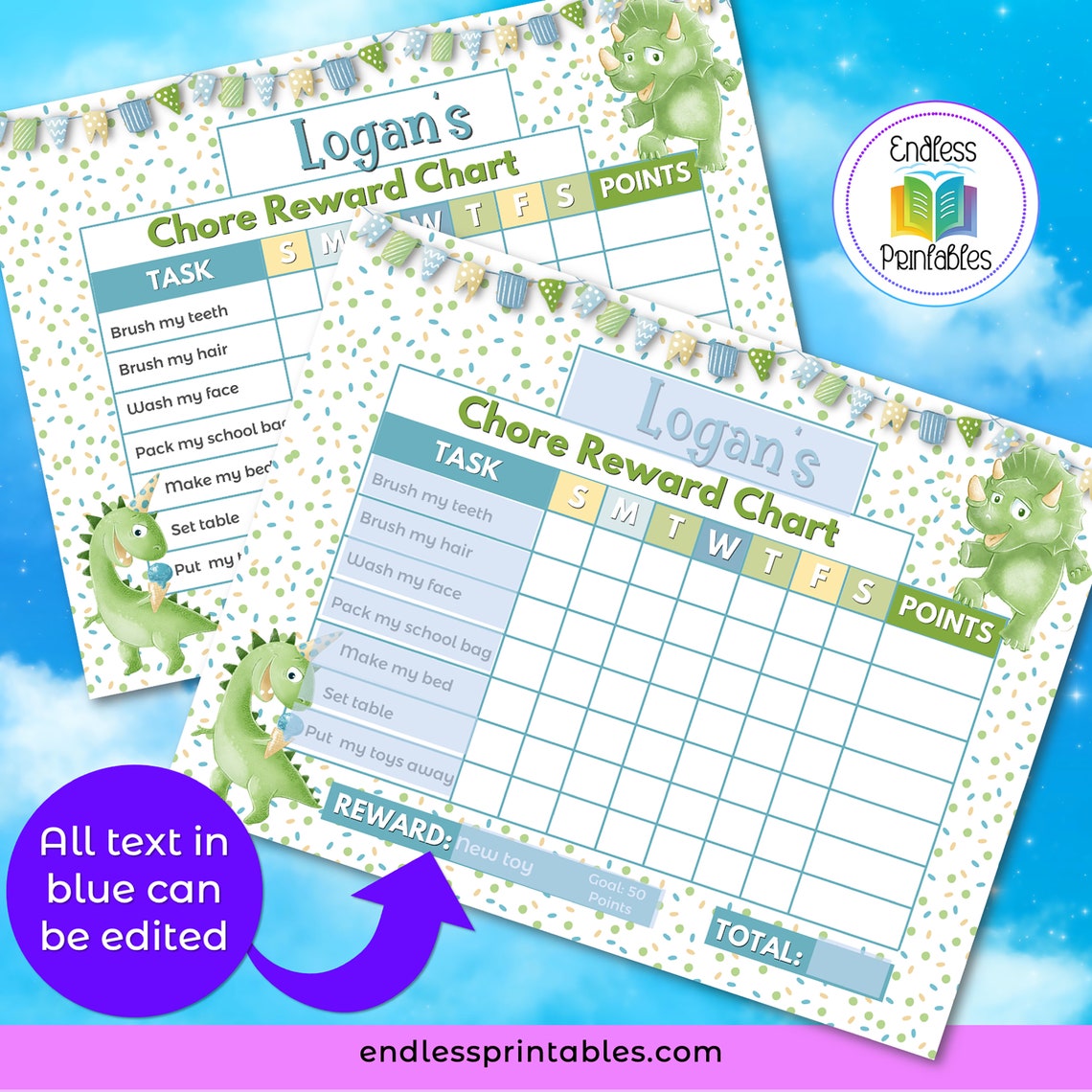 Editable Chore Chart for Kids, Dinosaur Chore Chart printable Kids ...