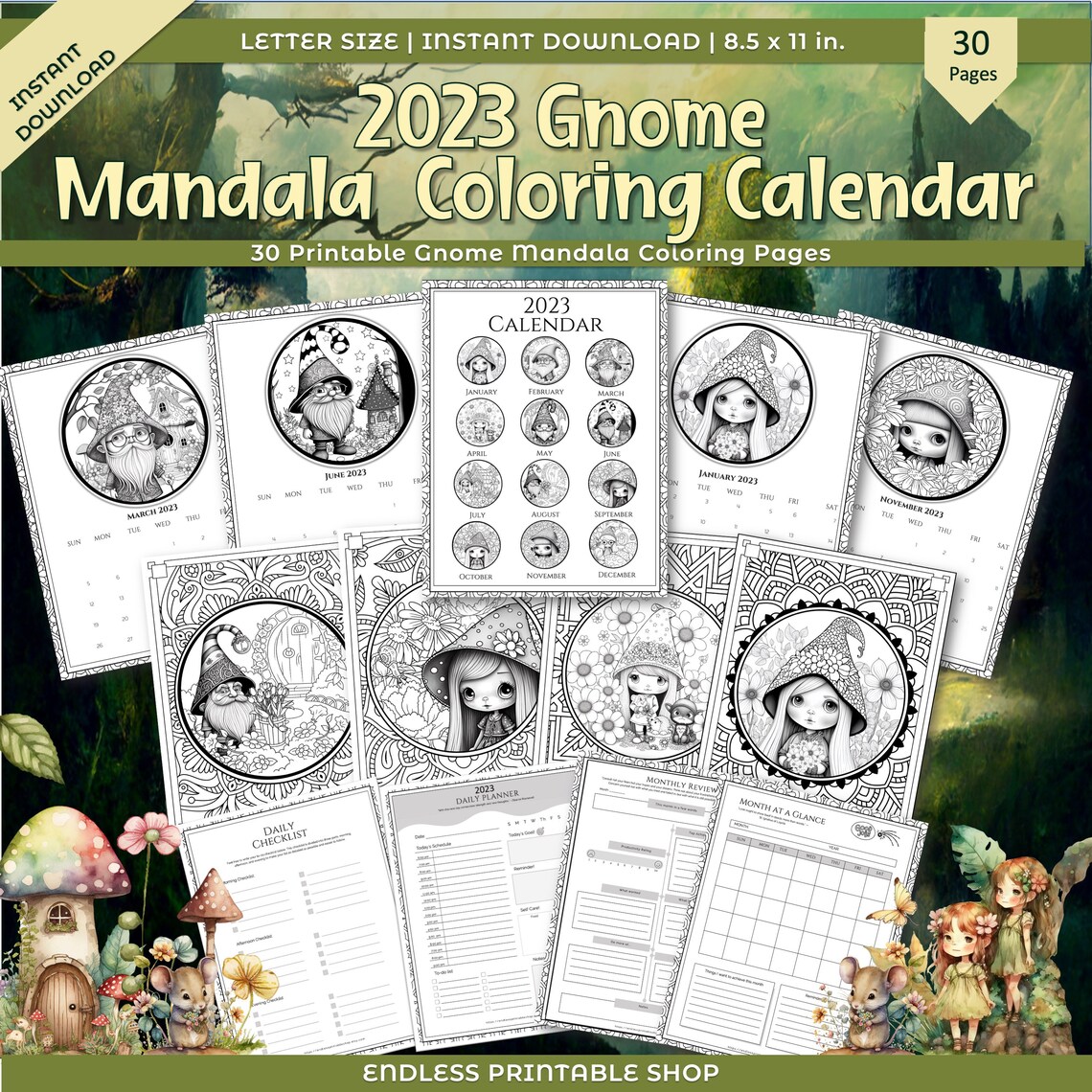 2023 Printable Calendar, Mandala Coloring, Monthly Calendar, Gnome ...