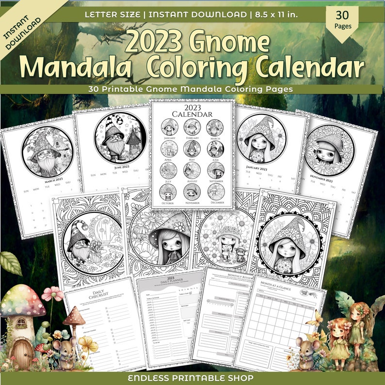 2023 Printable Calendar, Mandala Coloring, Monthly Calendar, Gnome ...