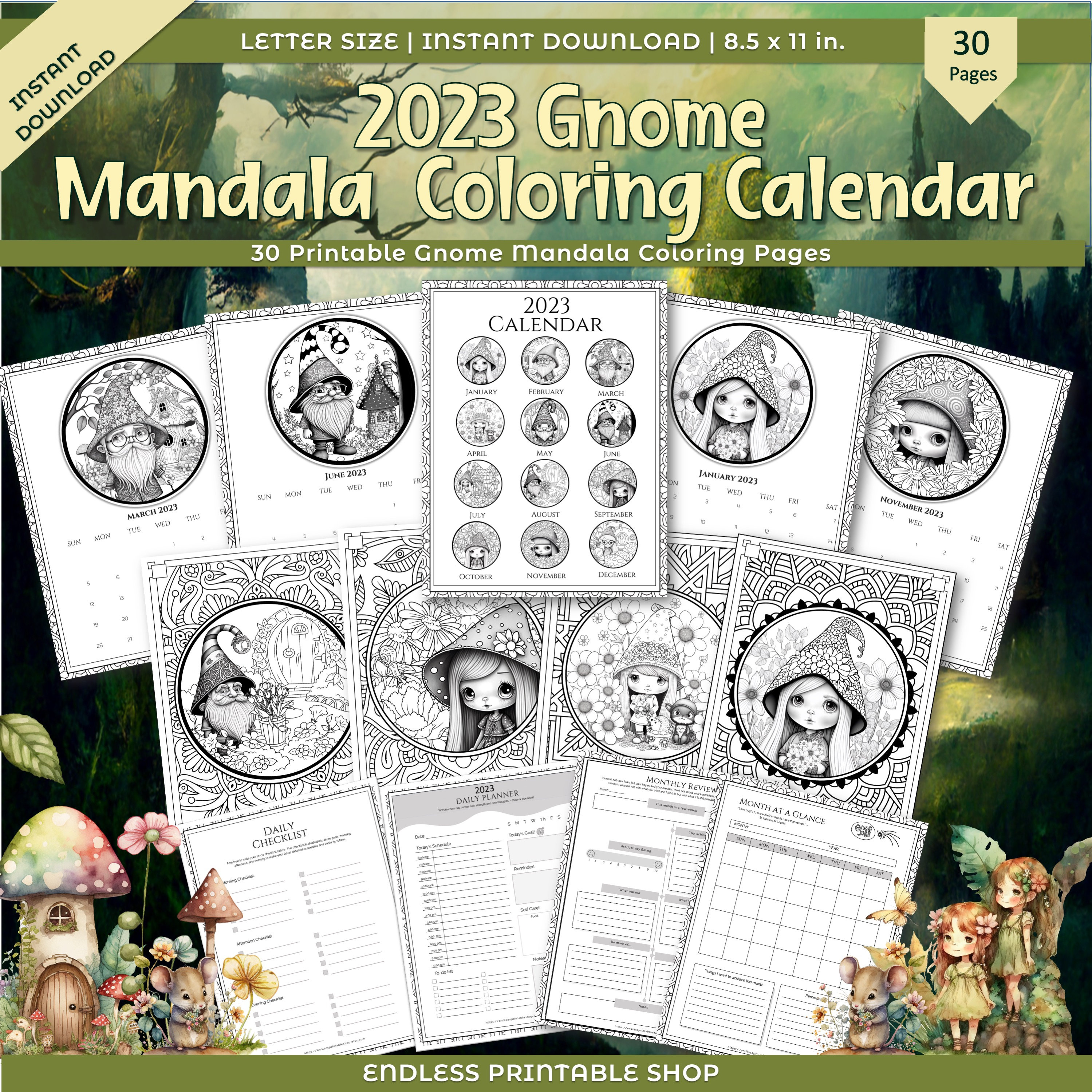 2023 Printable Calendar, Mandala Coloring, Monthly Calendar, Gnome ...