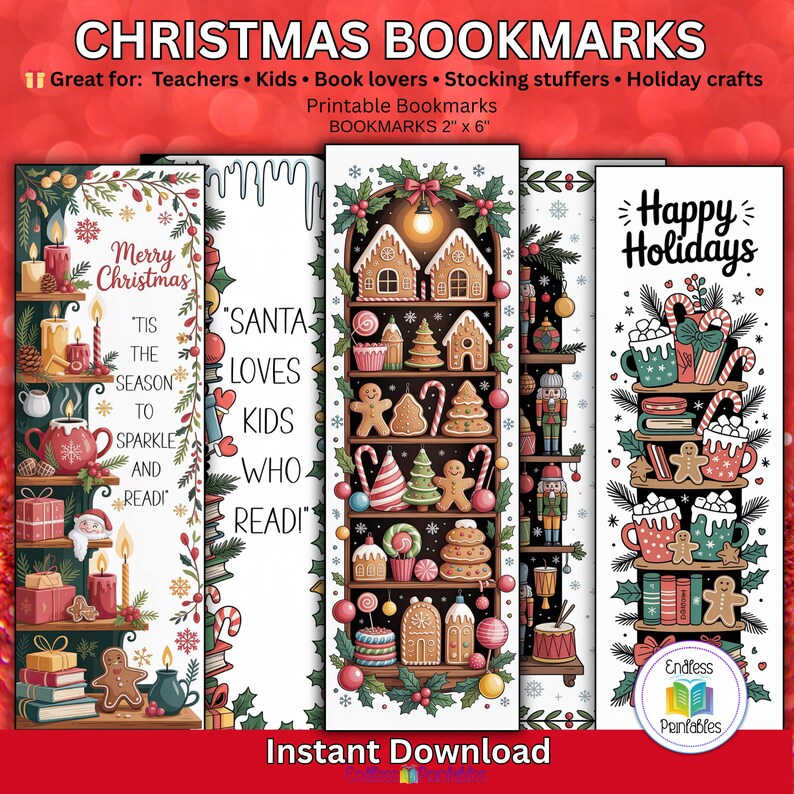 Christmas Bookmarks Printable, Holiday Bookmark Bundle, 60 Festive ...