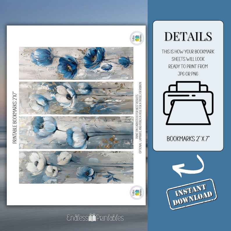 Blue Floral Bookmarks 8 Printable Flower Bookmarks Sublimation Design ...