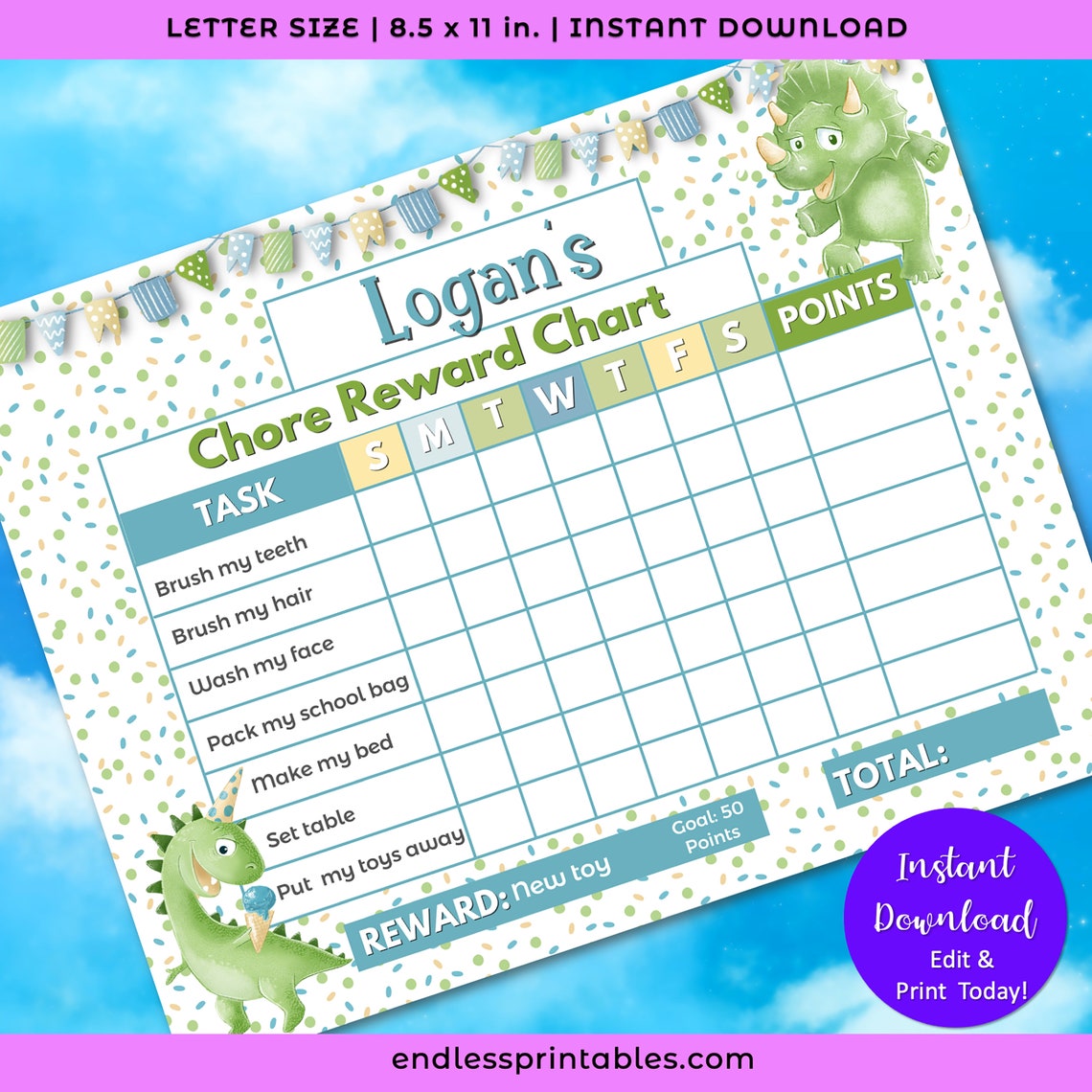 Editable Chore Chart for Kids, Dinosaur Chore Chart printable Kids ...