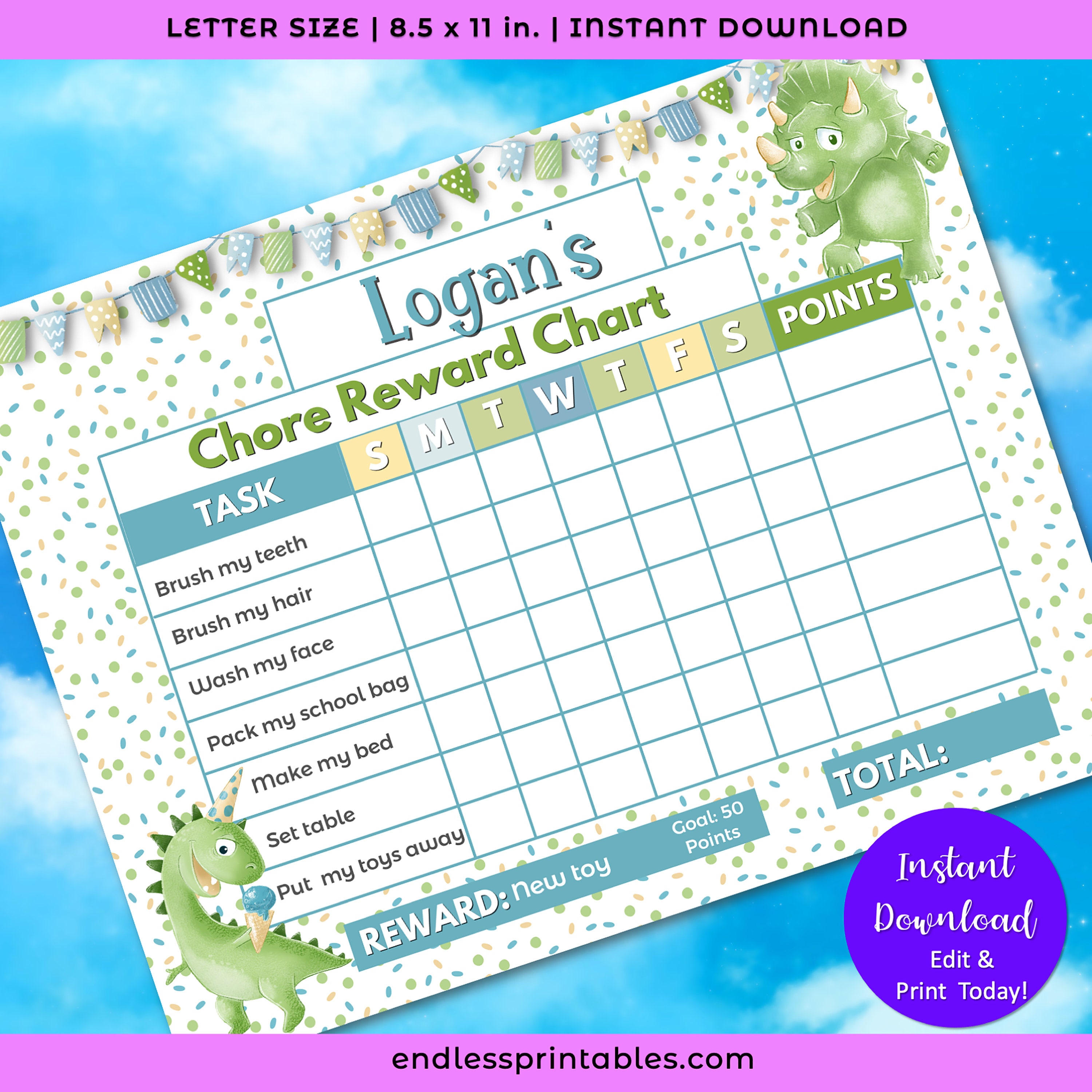 Editable Chore Chart for Kids, Dinosaur Chore Chart printable Kids ...