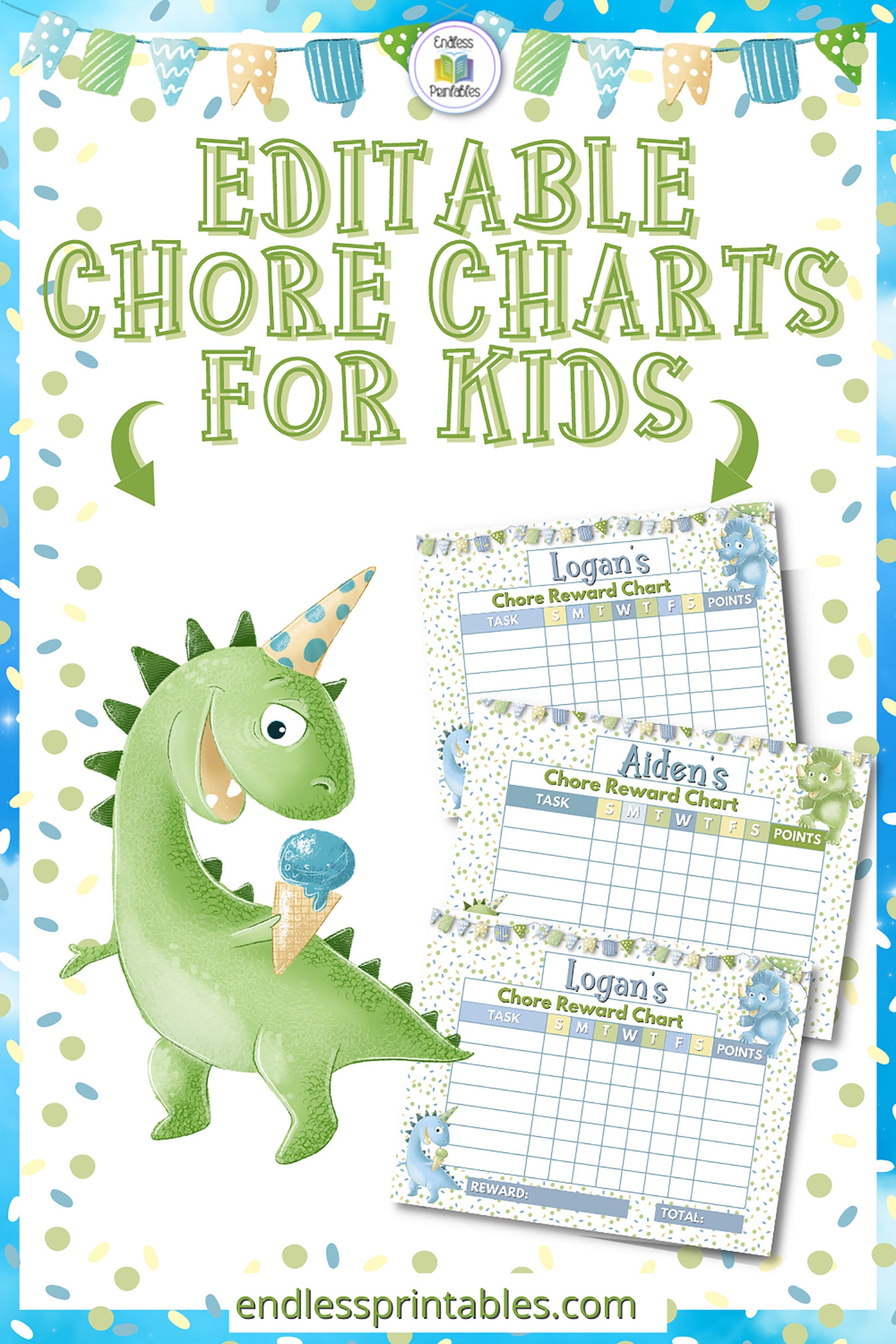 Editable Chore Chart for Kids, Dinosaur Chore Chart printable Kids ...