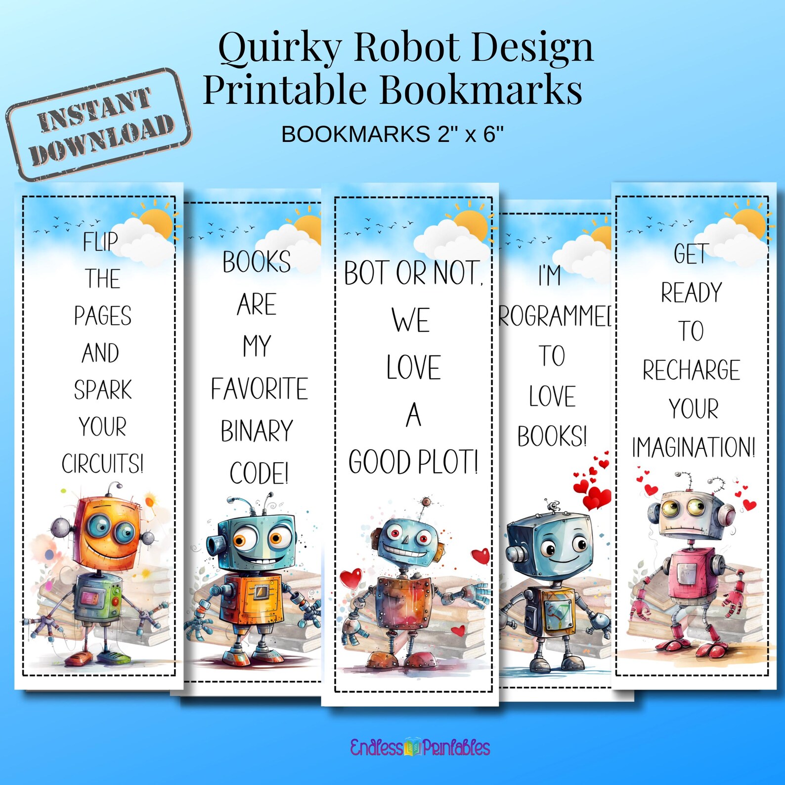 Funny Robot Bookmarks - Printable Quirky Quotes, Book Lover Gift ...