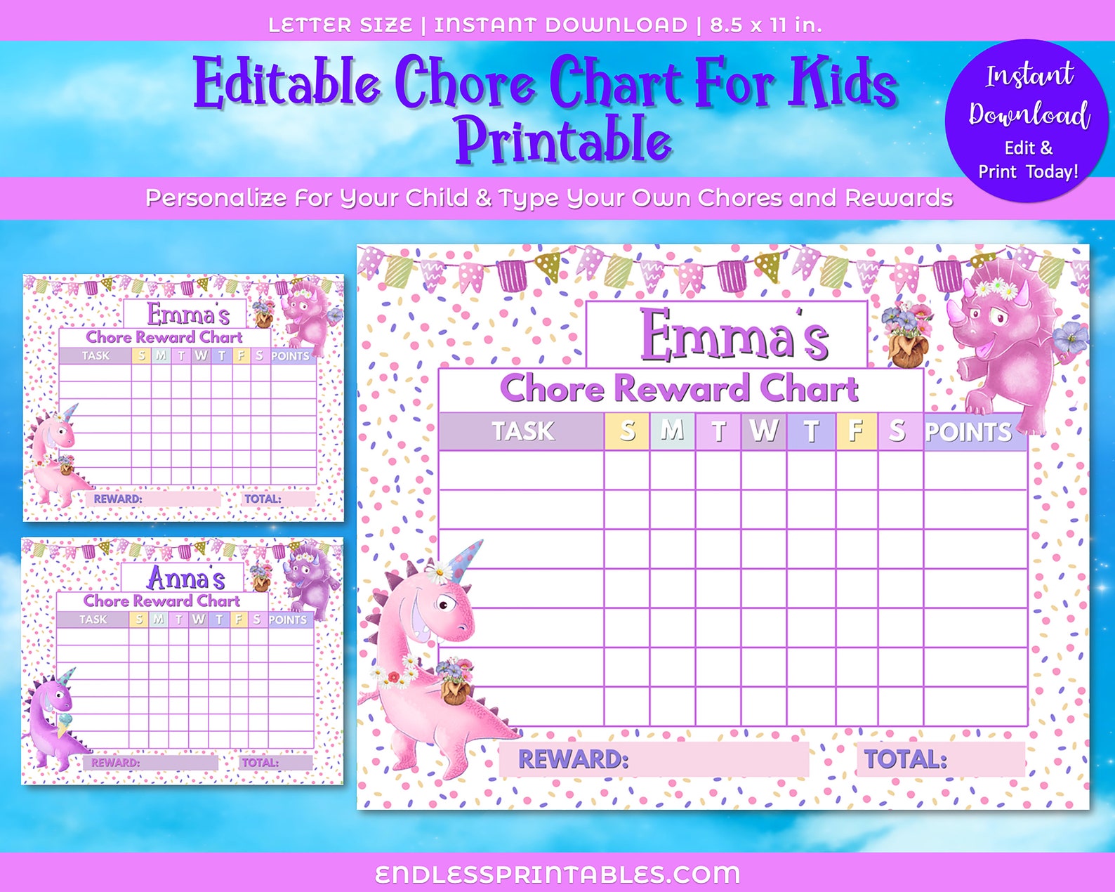 Editable Chore Chart for Kids | Dinosaur Chore Chart | Printable Kids ...