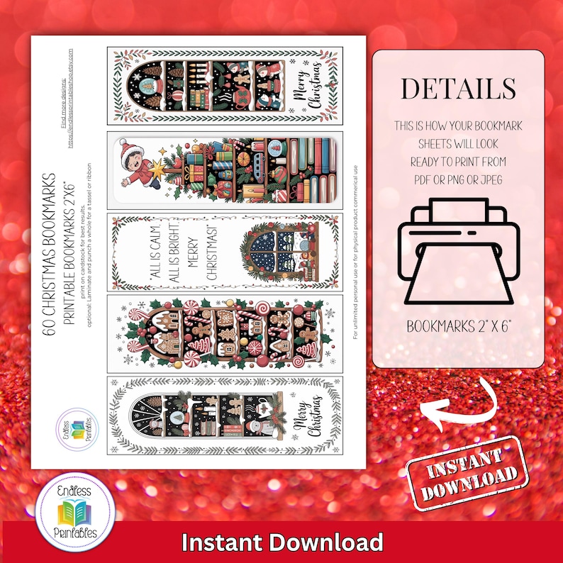 Christmas Bookmarks Printable, Holiday Bookmark Bundle, 60 Festive ...