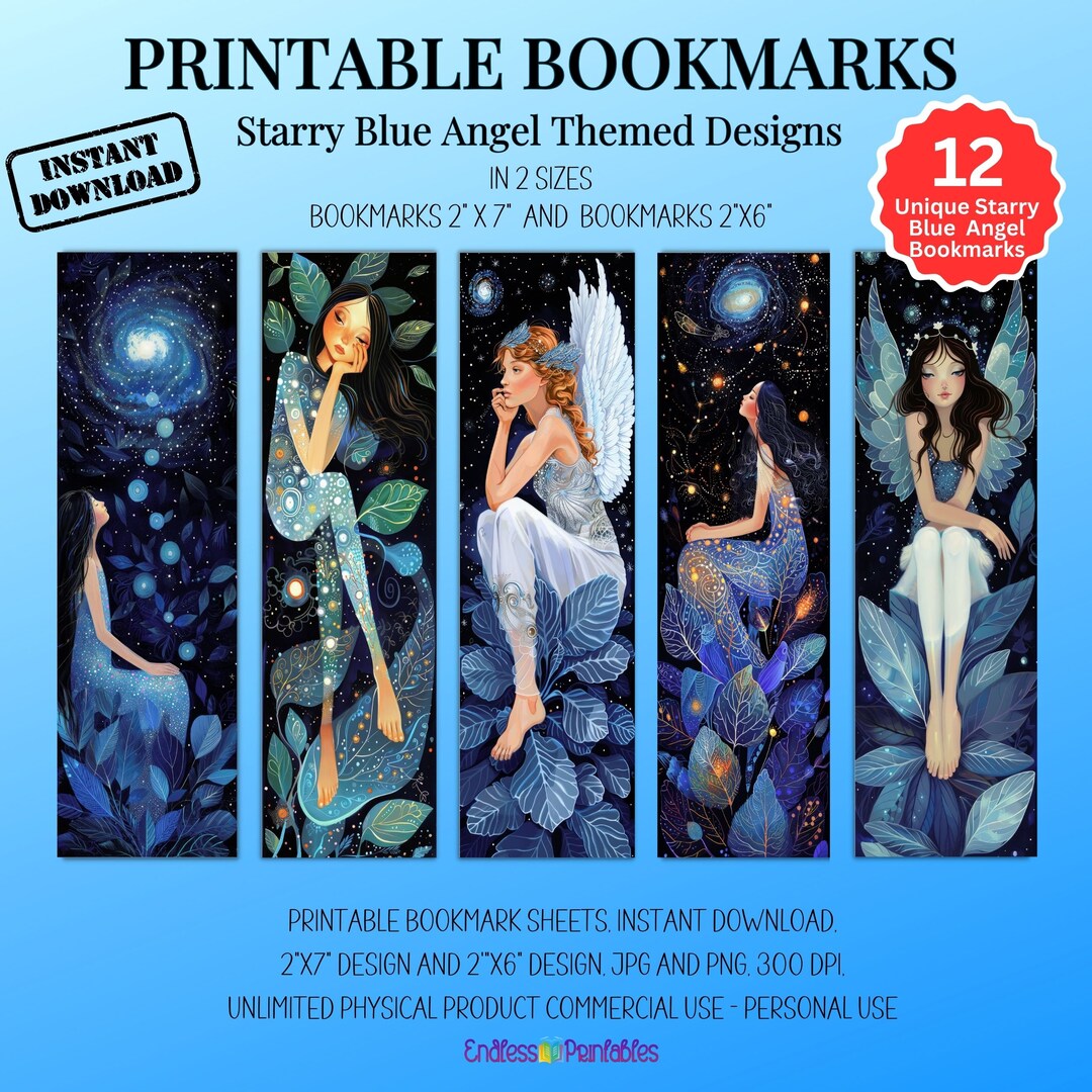 12 Starry Blue Angel Printable Bookmarks,digital Download JPG Bookmark ...