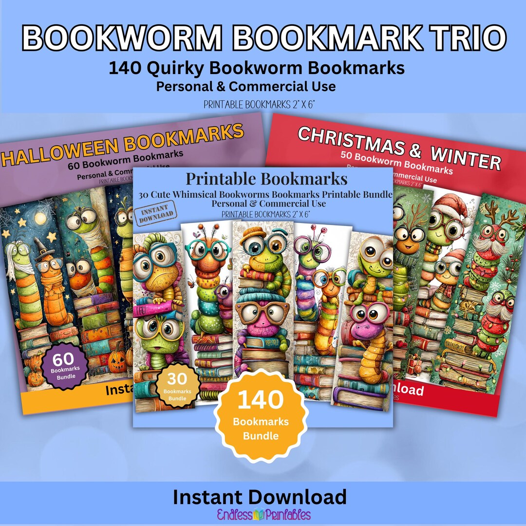 Printable Bookmark Bundle: 140 Bookworm Quirky, Halloween, Christmas ...