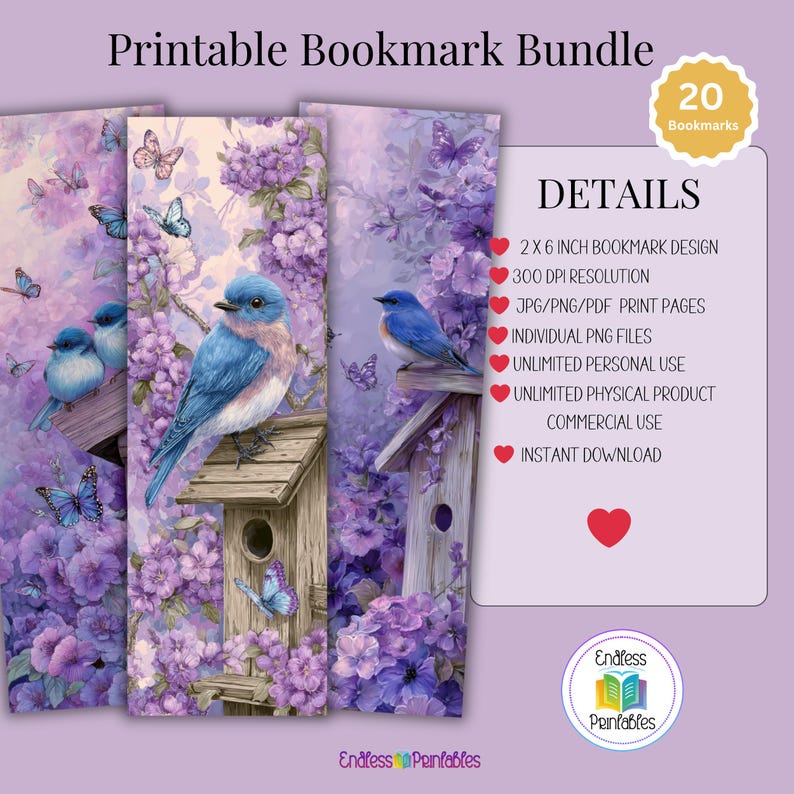 Beautiful Blue Bird Bookmarks Printable Gift for Bird Lovers Digital ...